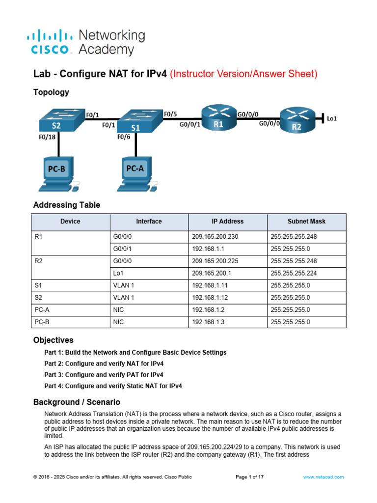 Answer Sheet - 6.8.2 Lab - Configure NAT For IPv4 | PDF | Ip Address ...