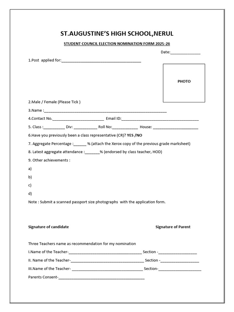 Student Council Election Nomination Form 2025 | PDF