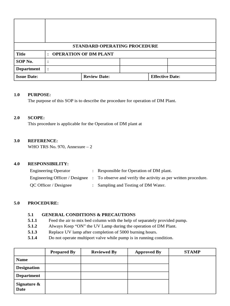 Sop-eg-024 00 Operation of Dm Plant | PDF | Purified Water | Quality Assurance