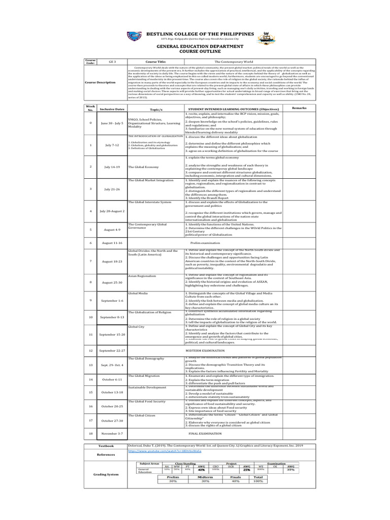 2025 2026 Ge 3 Course Outline Front | PDF | Globalization | Human Migration