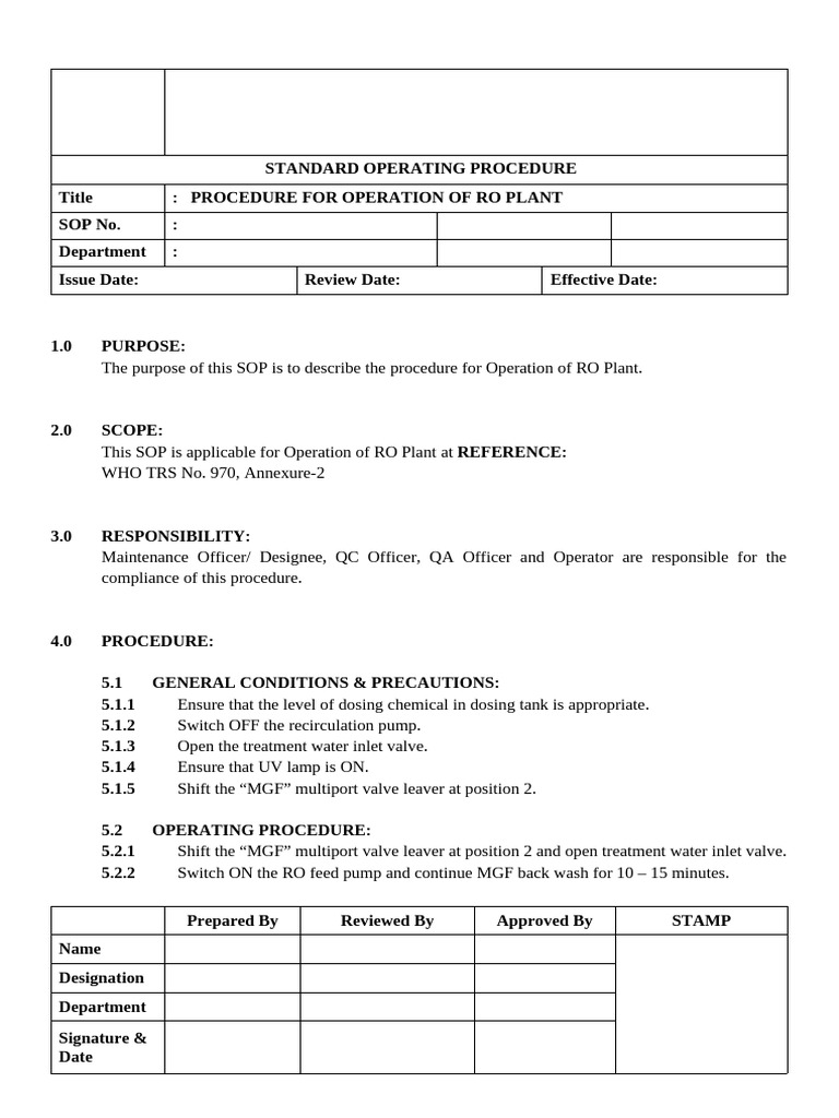 Sop-Eg-026 00 Procedure For Operation of R.O. Plant | PDF | Pump | Hydraulics