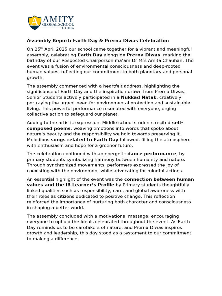 Assembly Report - Earth Day & Prerna Diwas | PDF