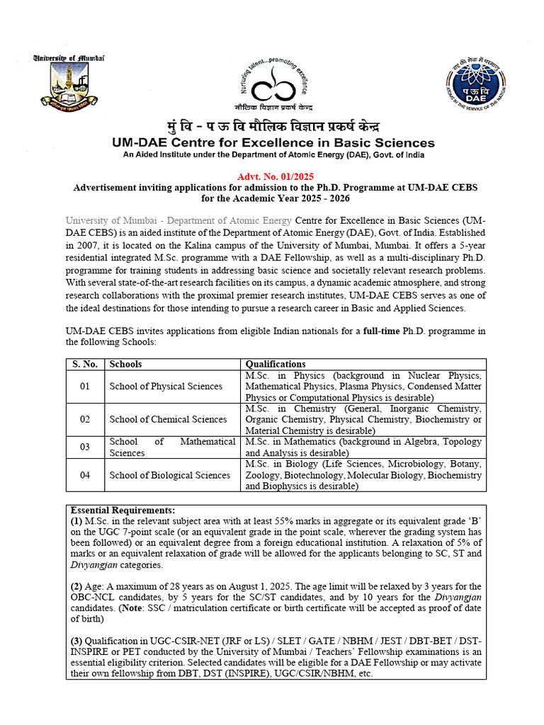 Ph.D. Admissions 2025 at UM-DAE CEBS | PDF | Physics | Chemistry