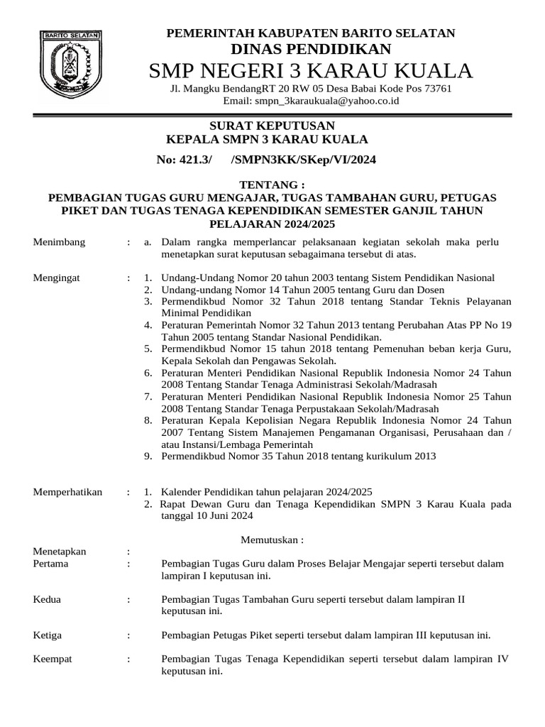 Pembagian Tugas Guru SMPN 3 Karau Kuala | PDF