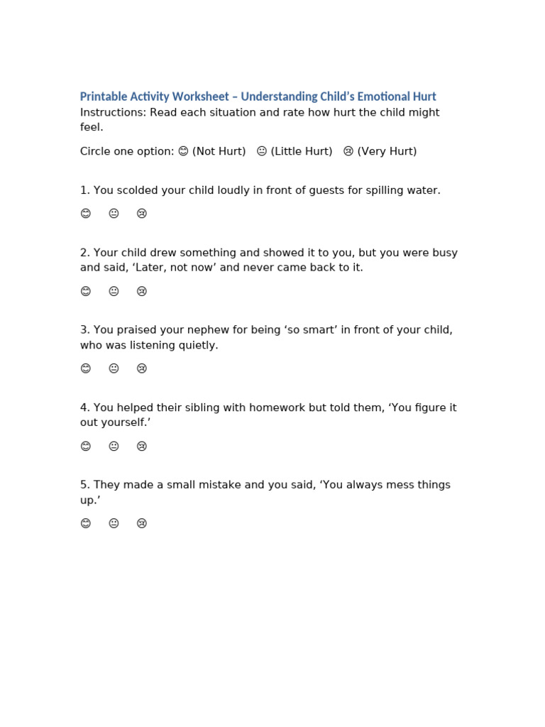 Child Emotional Hurt Assessment Worksheet | PDF