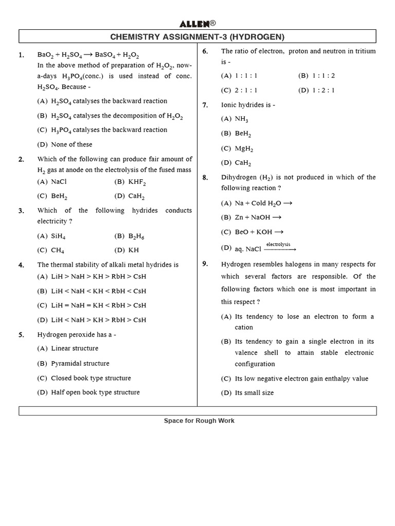 Chemistry Assignment-3 HYDROGEN | PDF | Hydrogen Peroxide | Hydrogen
