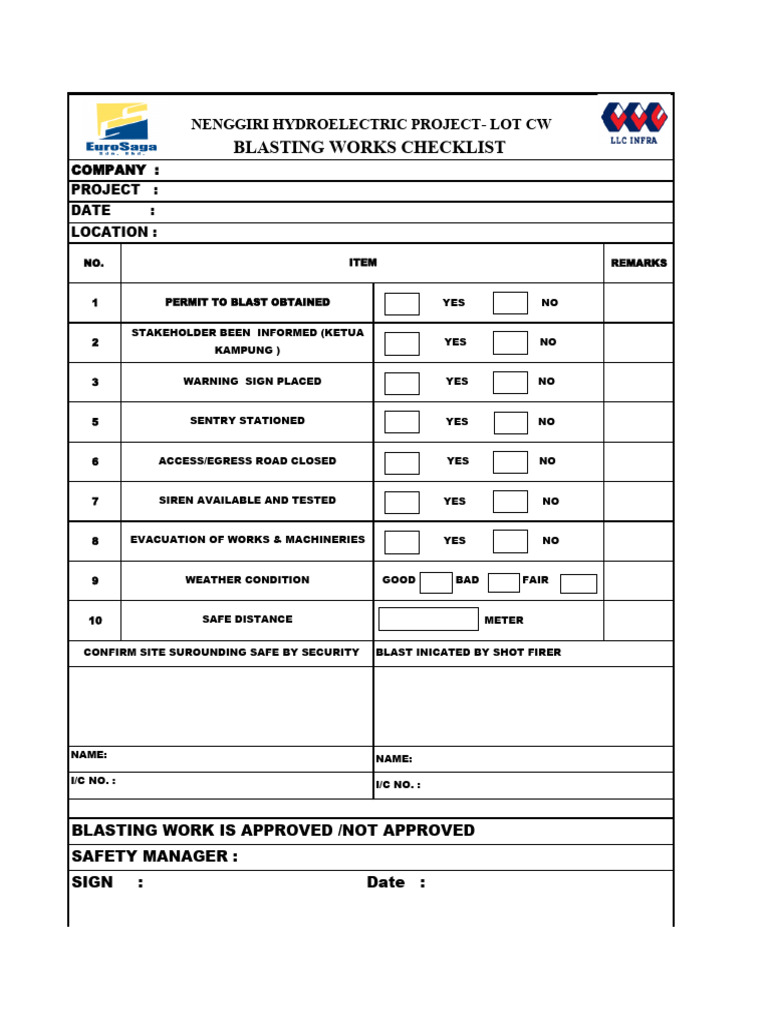 Blasting Work Approval Checklist | PDF