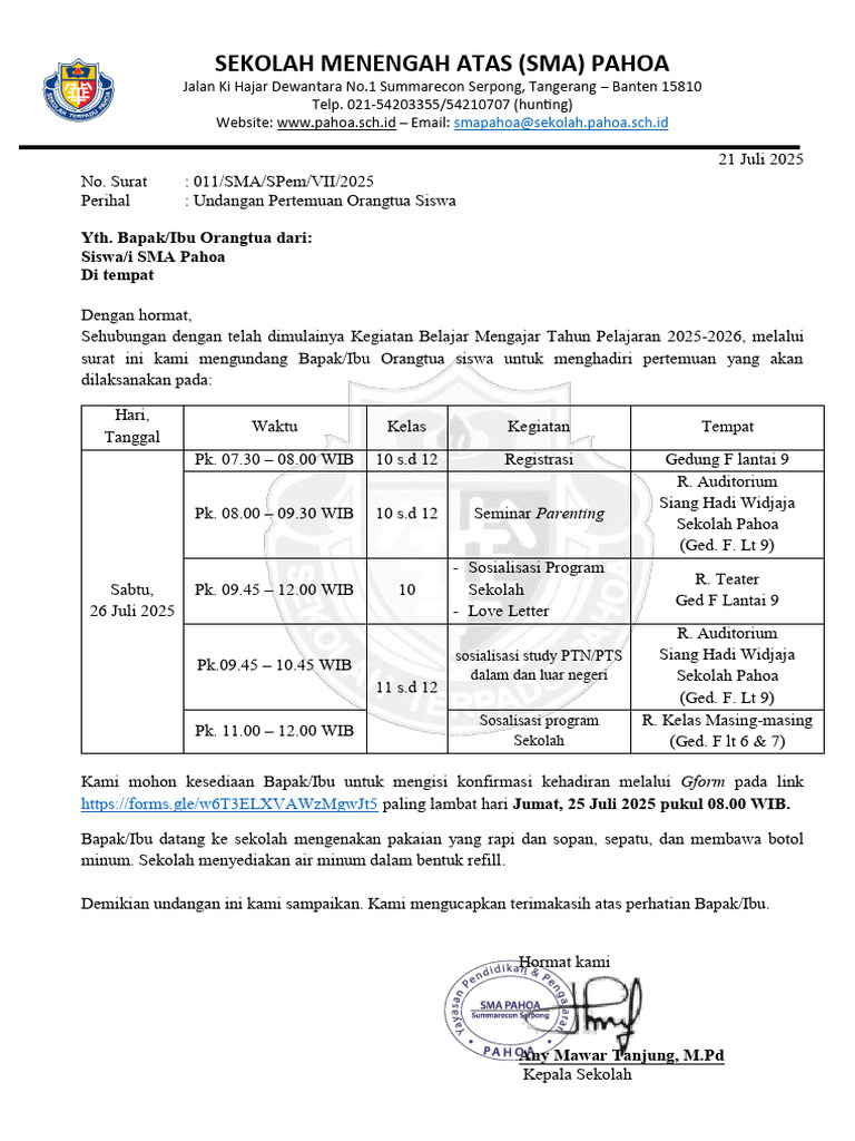 Surat Undangan Pertemuan Siswa 26 Juli 2025 | PDF
