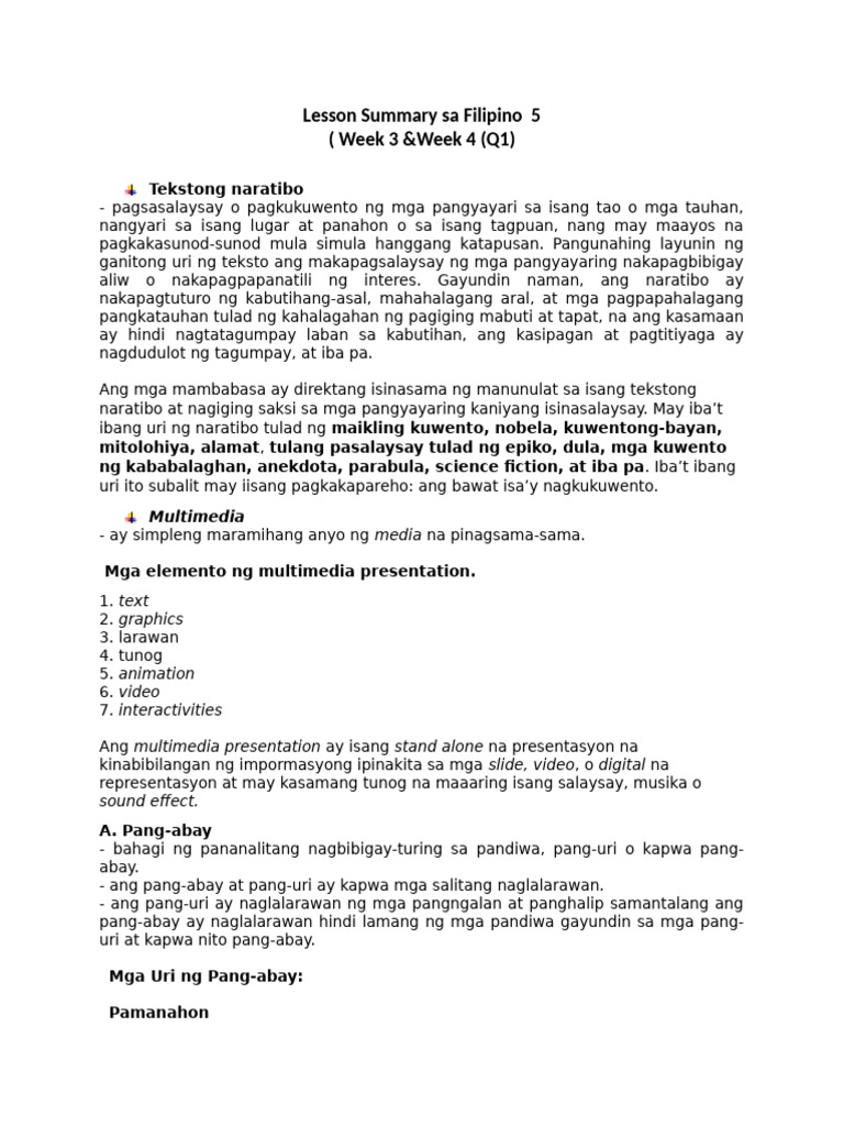 Lesson Summary Sa Filipino 5 Week 3&4 | PDF