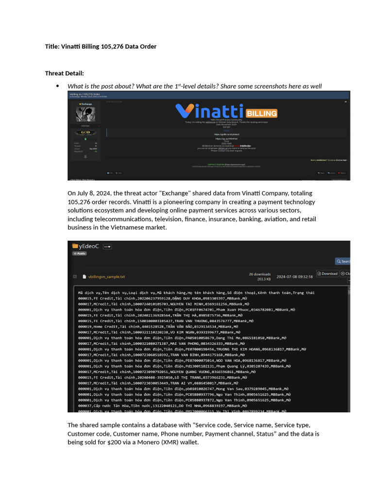 Vinatti Billing 105,276 Data Order | PDF | Computing | Information Science