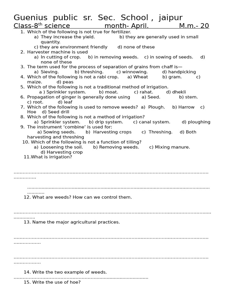 Genius Public School Class 8th Chapter 1st | PDF | Agricultural Science ...