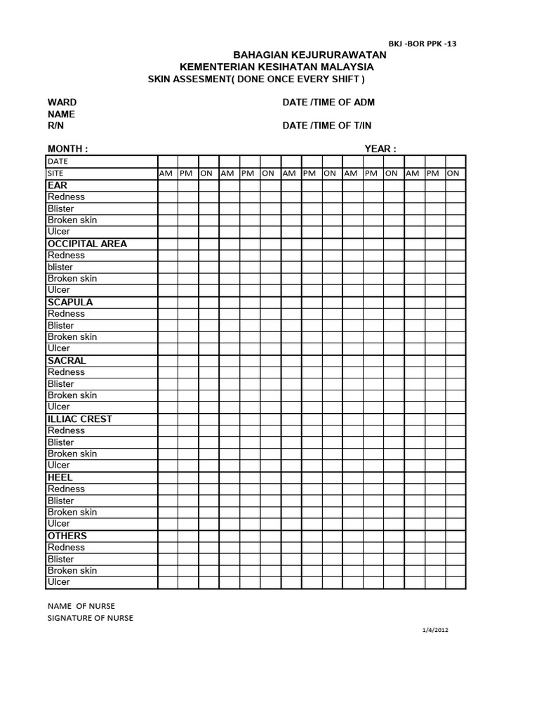 Skin Assessment Chart for Nursing | PDF