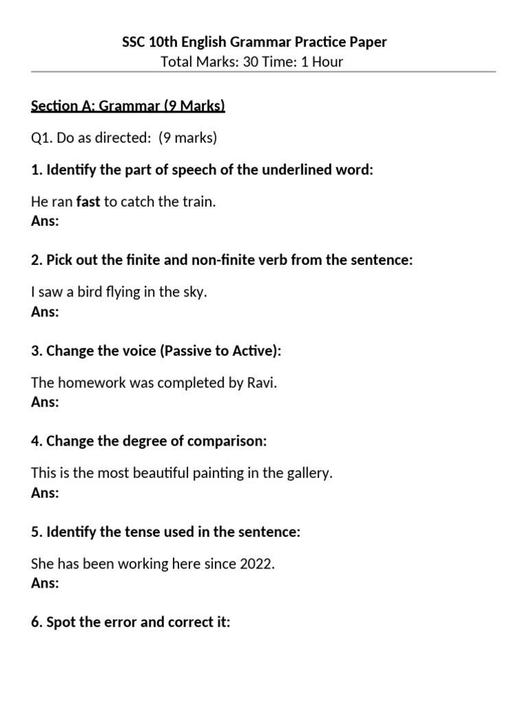 SSC 10th English Grammar Practice Paper | PDF