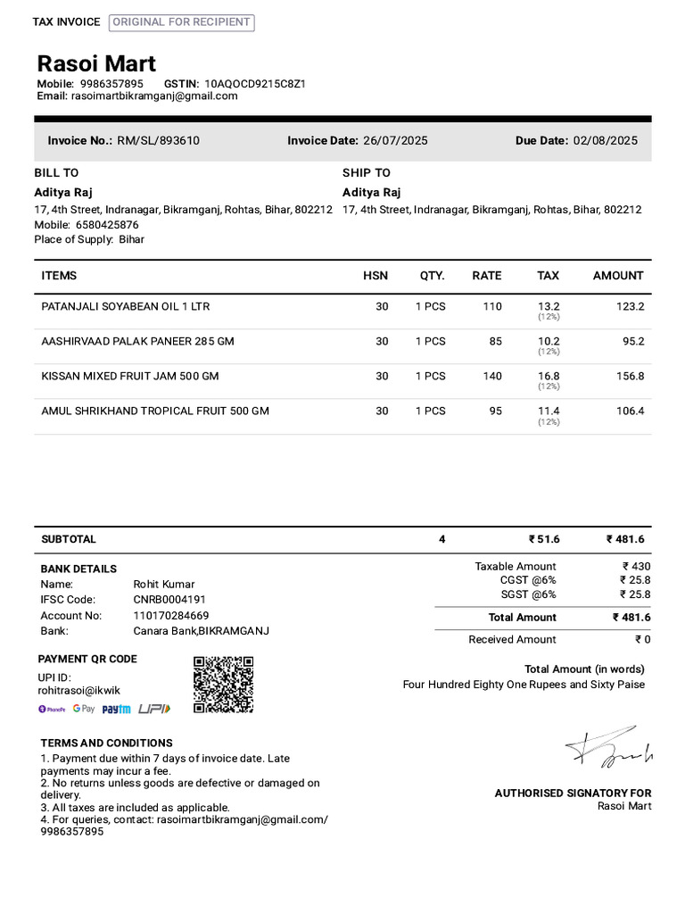 Tax Invoice for Rasoi Mart Purchase | PDF | Taxation | Government Finances
