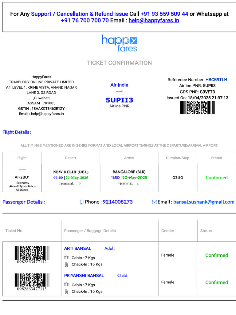 Ticket Ndls To BLR | PDF