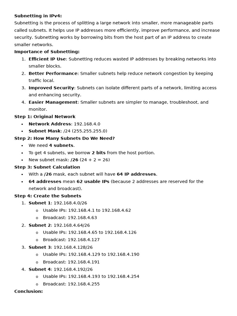 Subnetting IPv4: Creating 4 Subnets | PDF