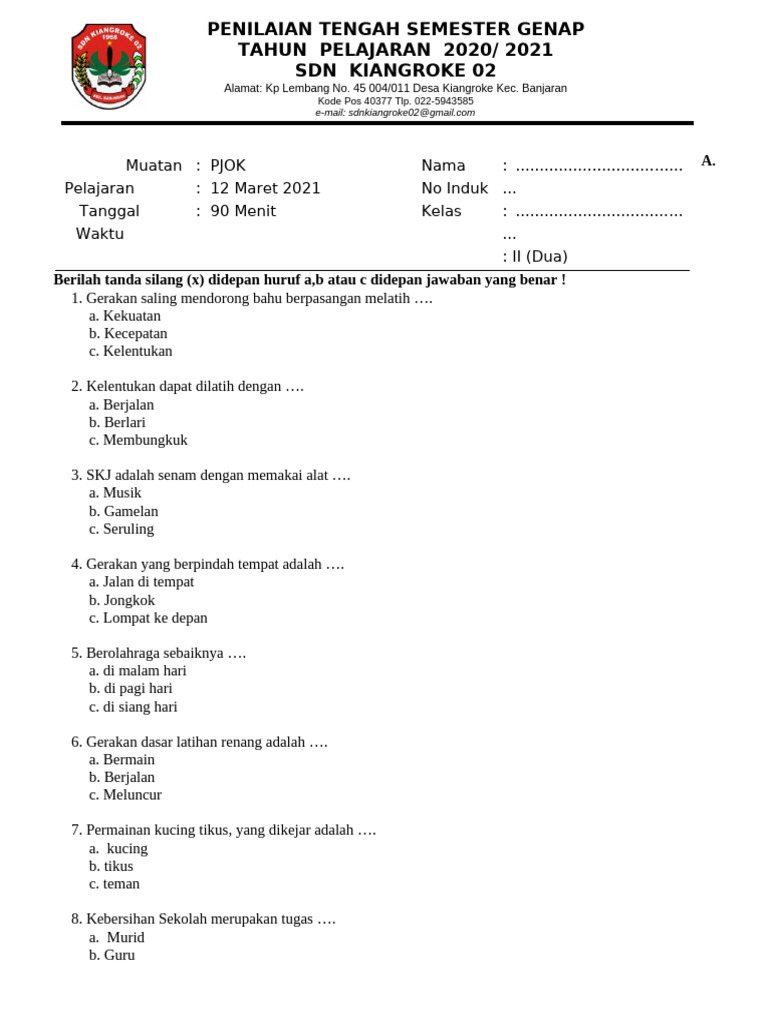Penilaian Tengah Semester Genap Pjok Kelas 2 | PDF