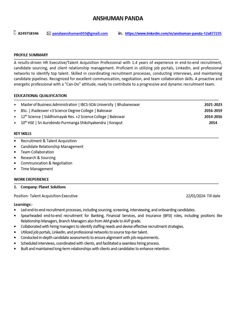Anshuman Panda Resume-1 | PDF | Recruitment | Business