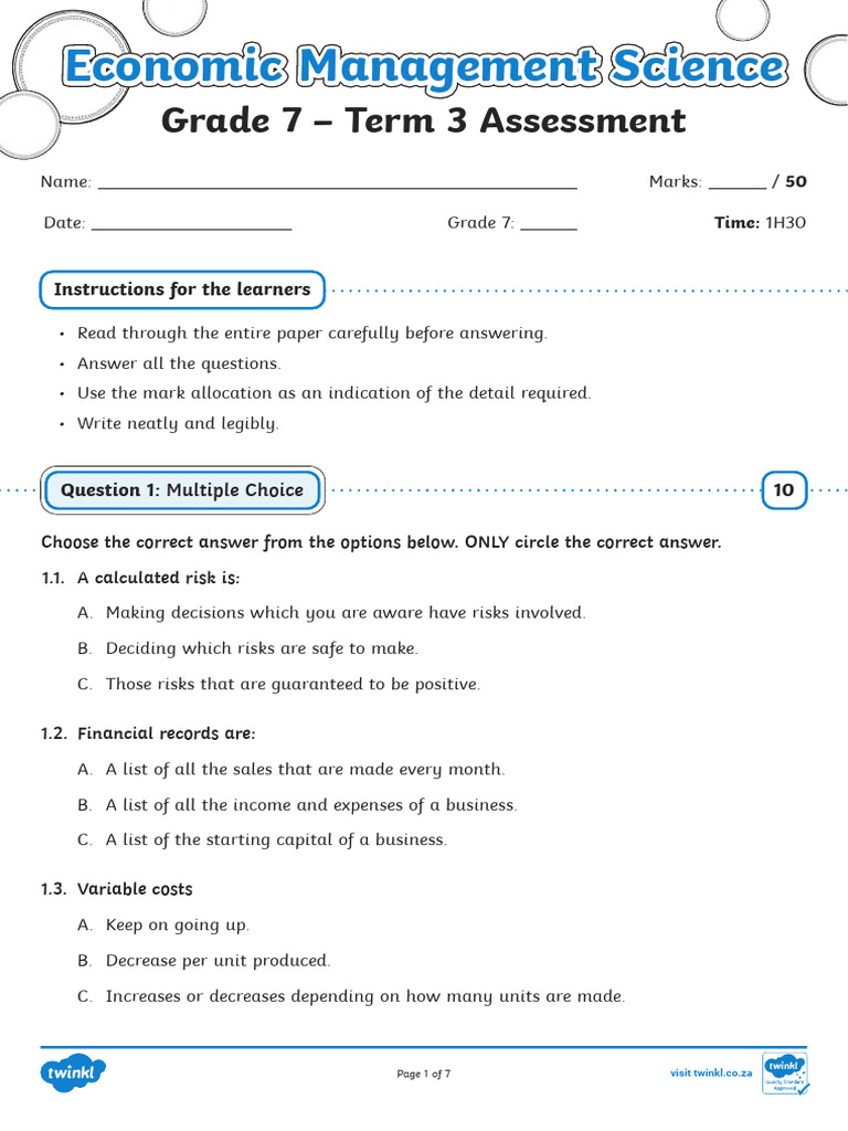 Grade 7 EMS Term 3 Assessment Guide | PDF | Expense | Entrepreneurship