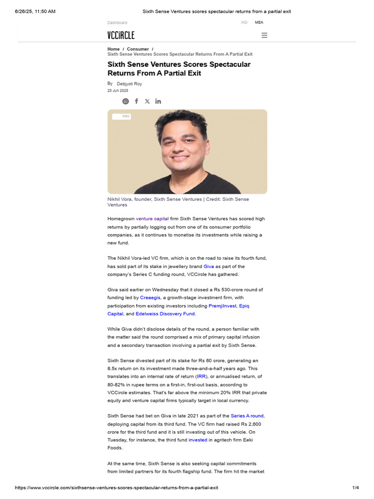 Sixth Sense Ventures' Profitable Exit | PDF | Venture Capital ...