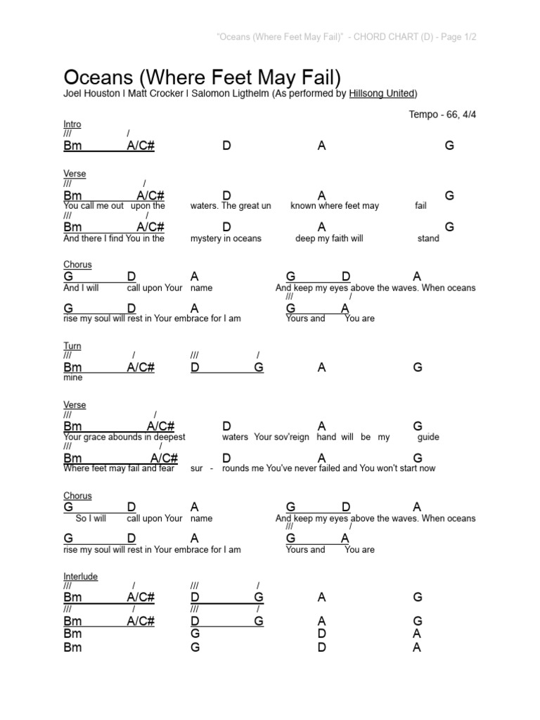 Oceans Chord Chart in D Major | PDF | Song Structure | Christian Music