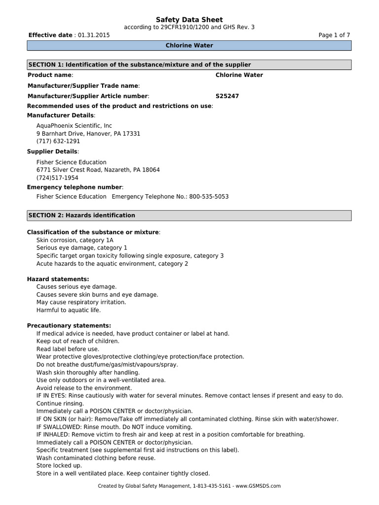 MSDS CL2 Water Fischer Sci | PDF | Toxicity | Occupational Safety And ...