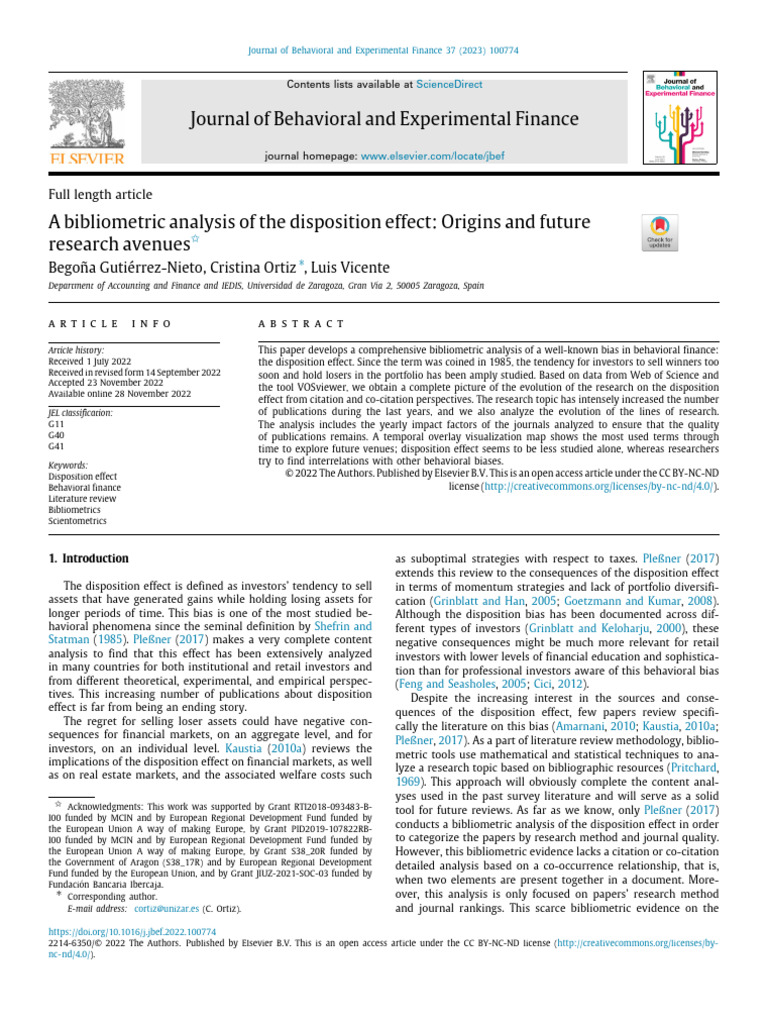 A Bibliometric Analysis of The Disposition Effect Origins and Future ...