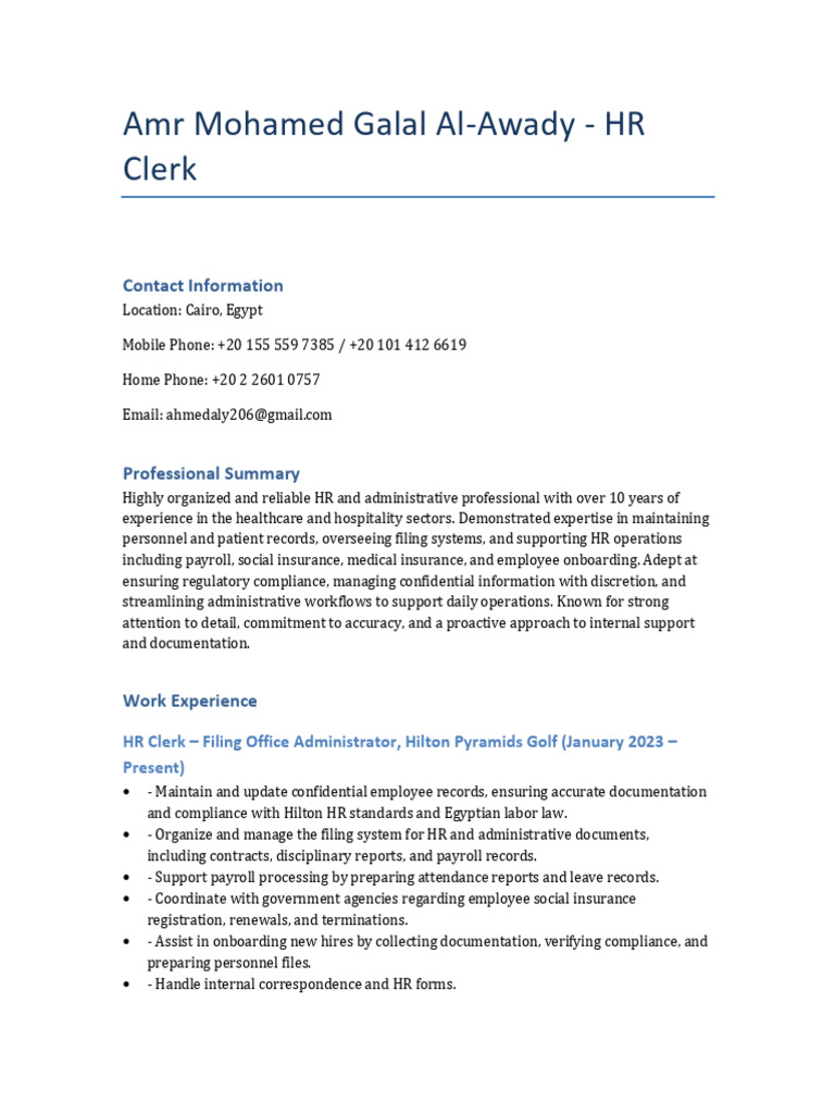 Final CV Amr Galal HR Clerk | PDF | Egypt | Medical Record