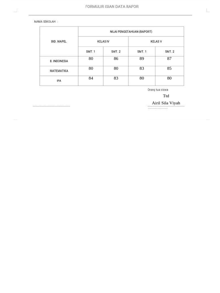 FORMULIR ISIAN DATA RAPOT | PDF