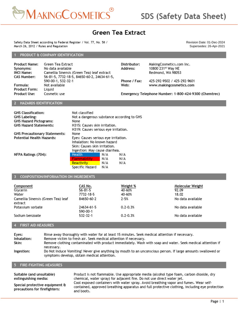 Green Tea Extract Safety Data Sheet | PDF | Dangerous Goods | Toxicity