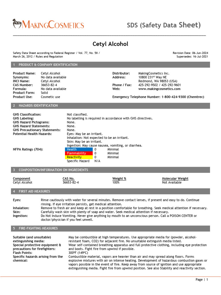 Cetyl Alcohol Safety Data Sheet | PDF | Dangerous Goods | Safety