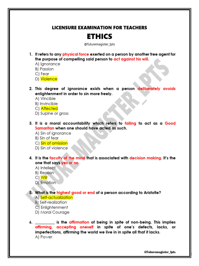 Teacher Licensure Exam Ethics Questions | PDF
