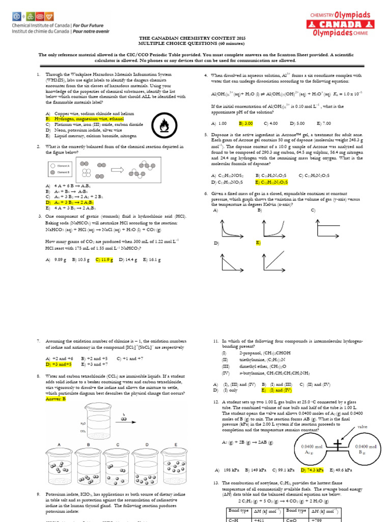 Canadian Chemistry Contest 2015 Questions | PDF | Magnesium | Iodine
