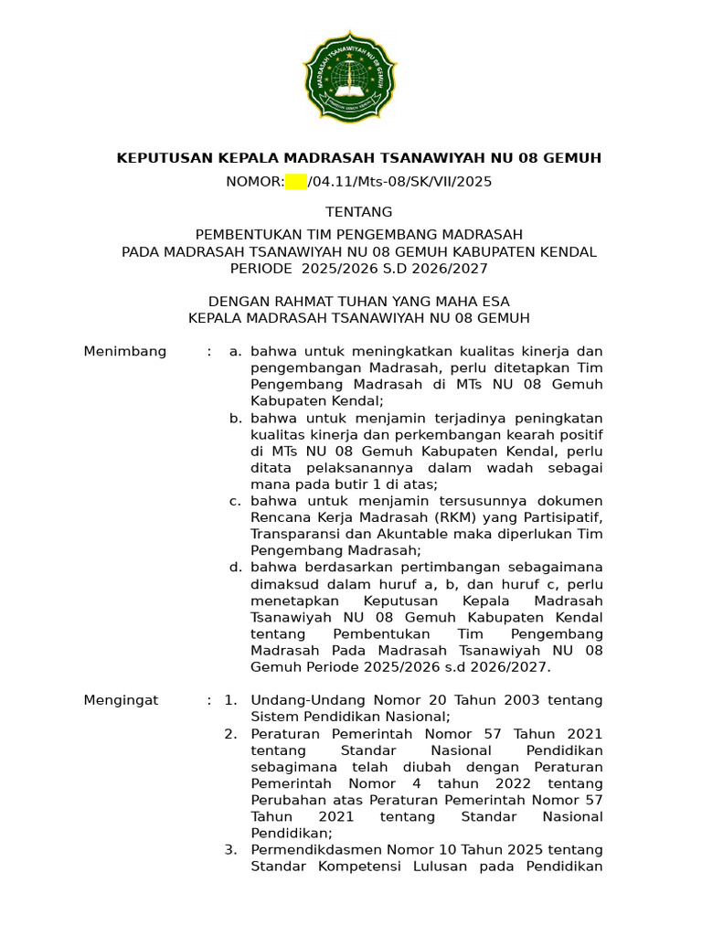 Pembentukan Tim Pengembang MTs NU 08 | PDF