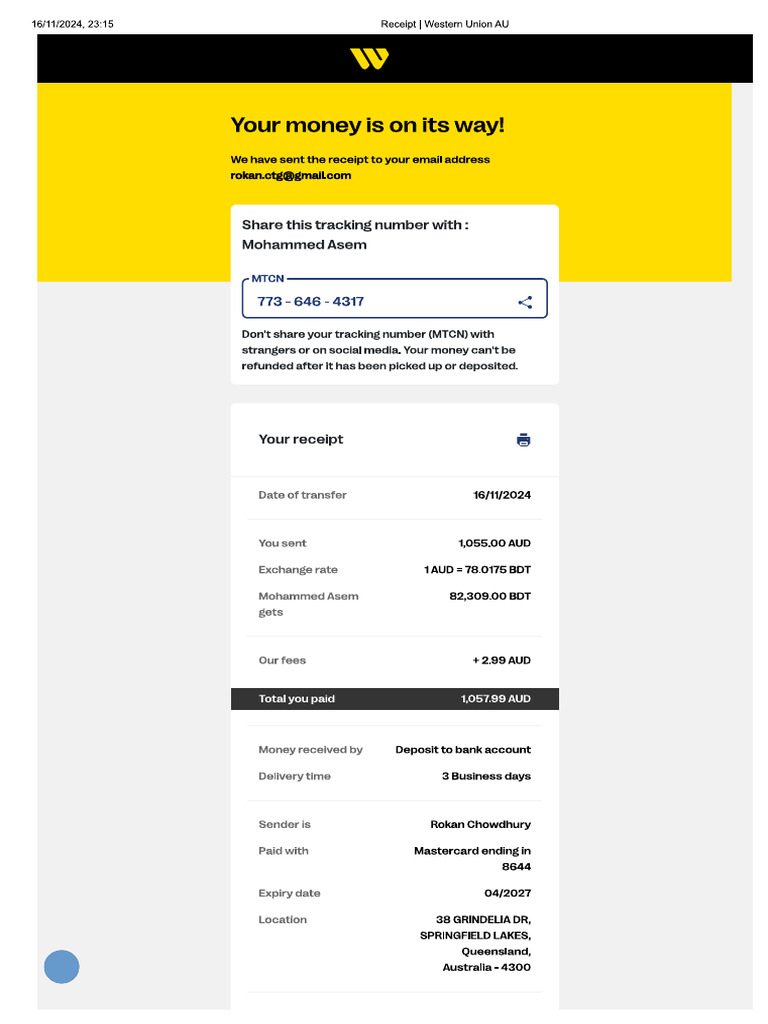 Receipt - Western Union 16 11 24 | PDF