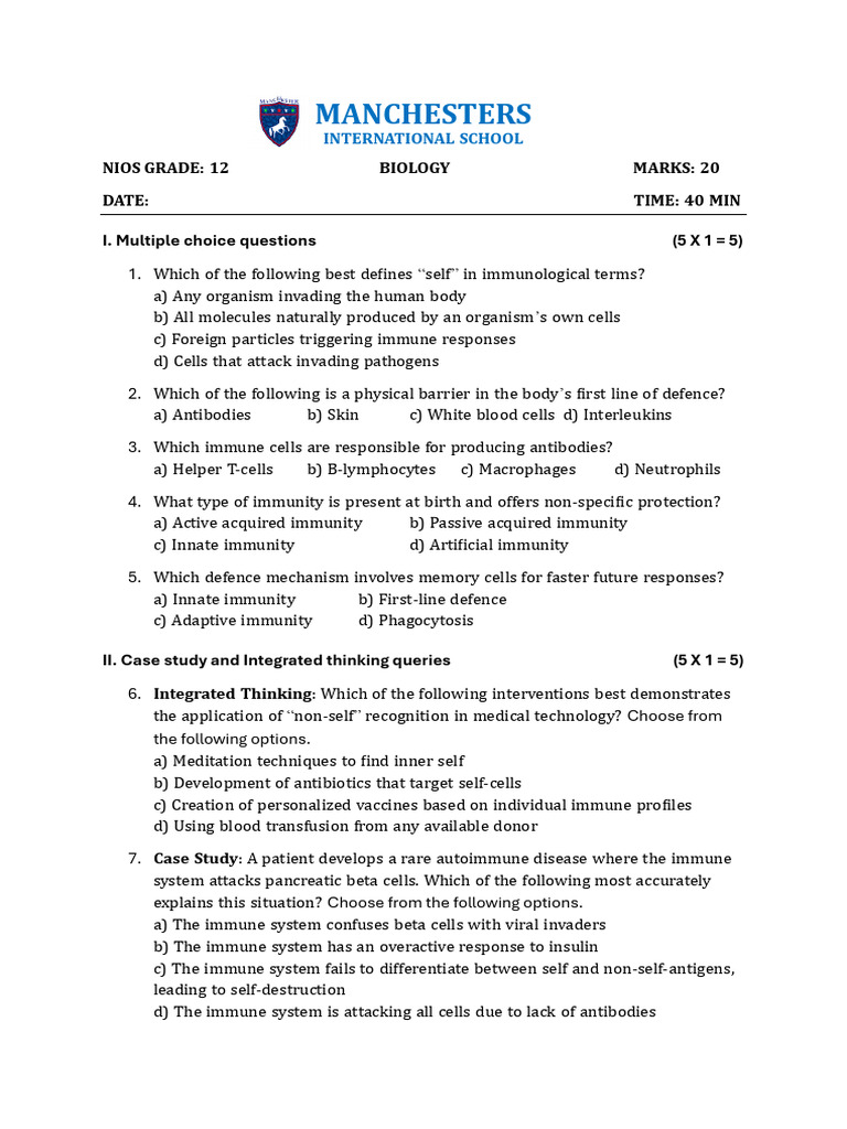 Grade 12 Biology Immunology Quiz | PDF | Immune System | Adaptive ...