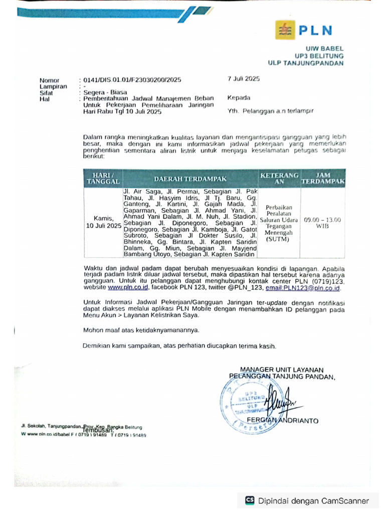 Surat Pemadaman Listrik PLN | PDF