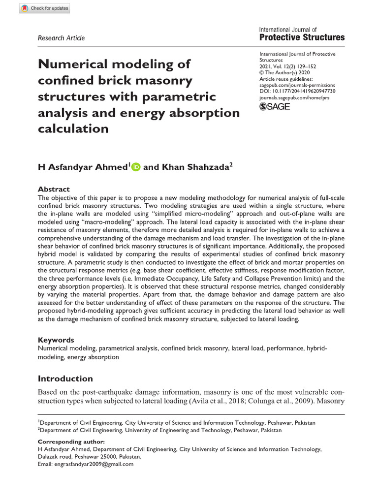 Numerical Modeling of Confined Brick Masonry Structures With Parametric Analysis and Energy ...