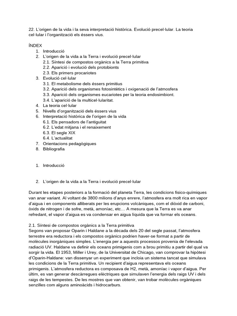 TEMA 22. L'Origen de La Vida I La Seva Interpretació Històrica ...