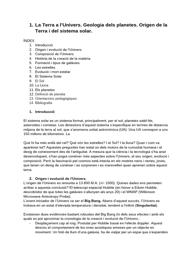 TEMA 1. La Terra A L'univers. Geologia Dels Planetes. Origen de La ...