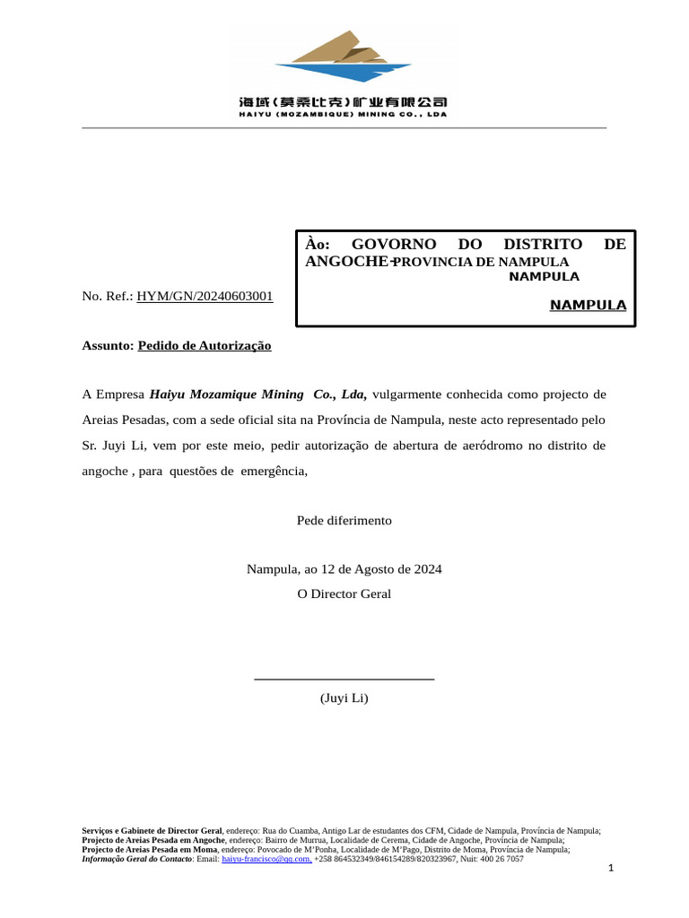 Pedido de Autorização para Aeródromo em Angoche | PDF