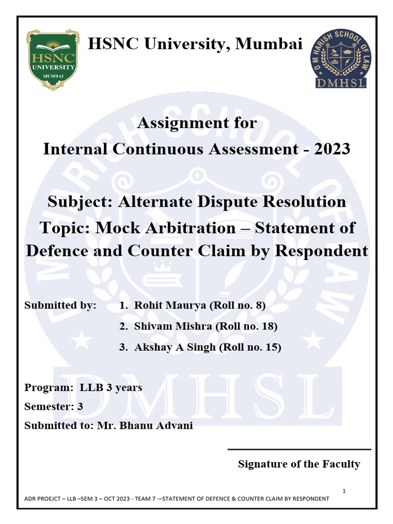 ADR Project - Statement of Defence & Counter Claim by Defendent - Team ...