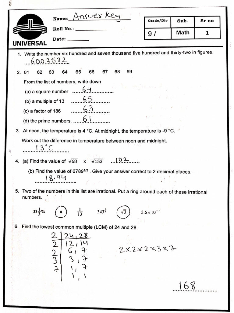 Grade 9 All Worksheet Answer Key Pts 1 | PDF