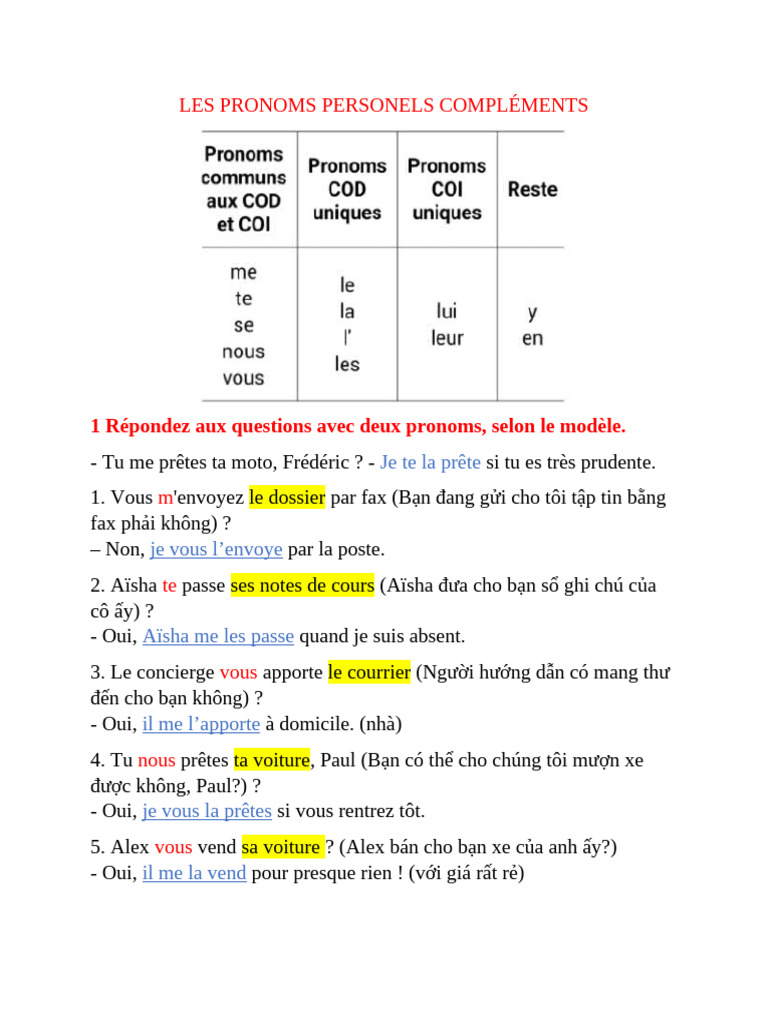 Les Pronoms Personels Compléments | PDF