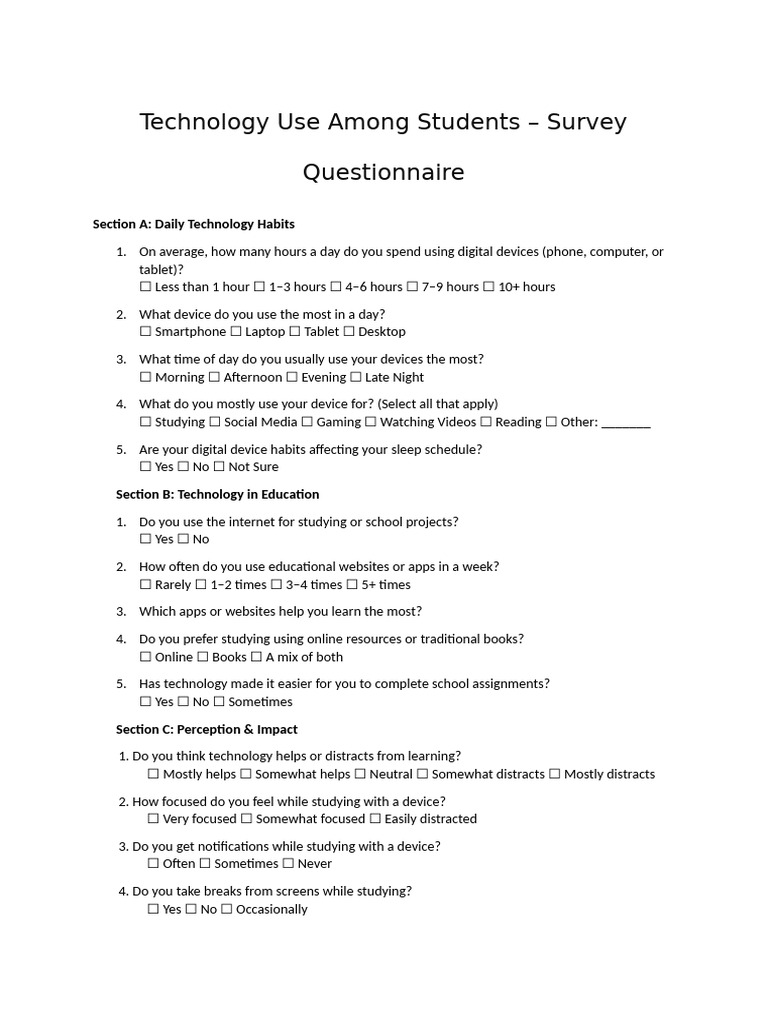 Student Technology Usage Survey | PDF