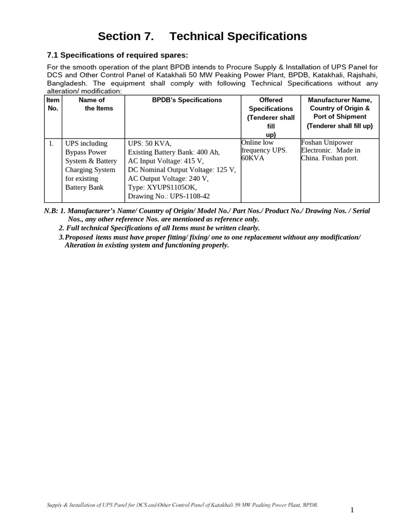 UPS Specification Tender - 23230 - 1-Foshan Unipower Electronic | PDF