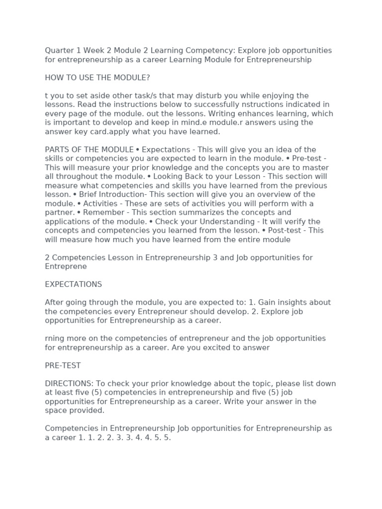 Quarter 1 Week 2 Module 2 Learning Competency | PDF | Entrepreneurship | Business