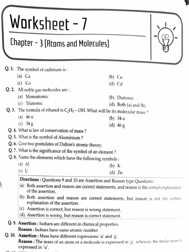 Atoms and Molecules Worksheet Questions | PDF | Ion | Mole (Unit)
