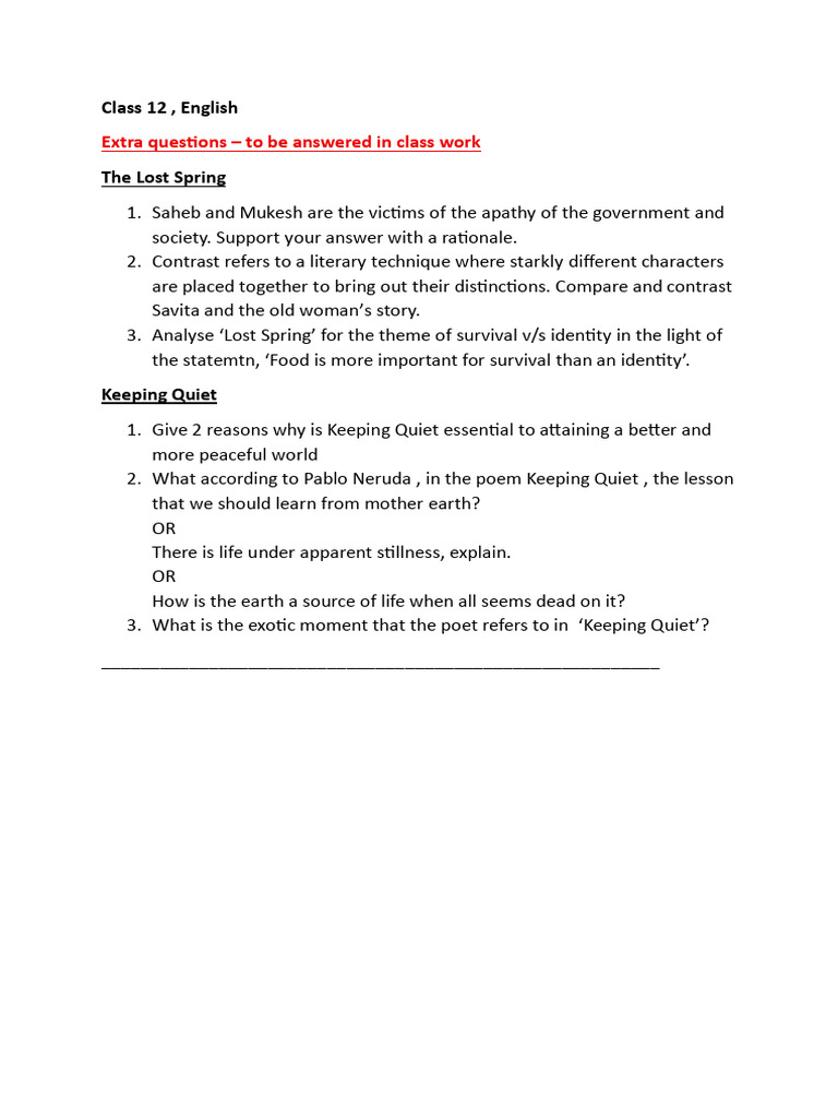 Extra Questions - Lost Spring, Keeping Quiet | PDF