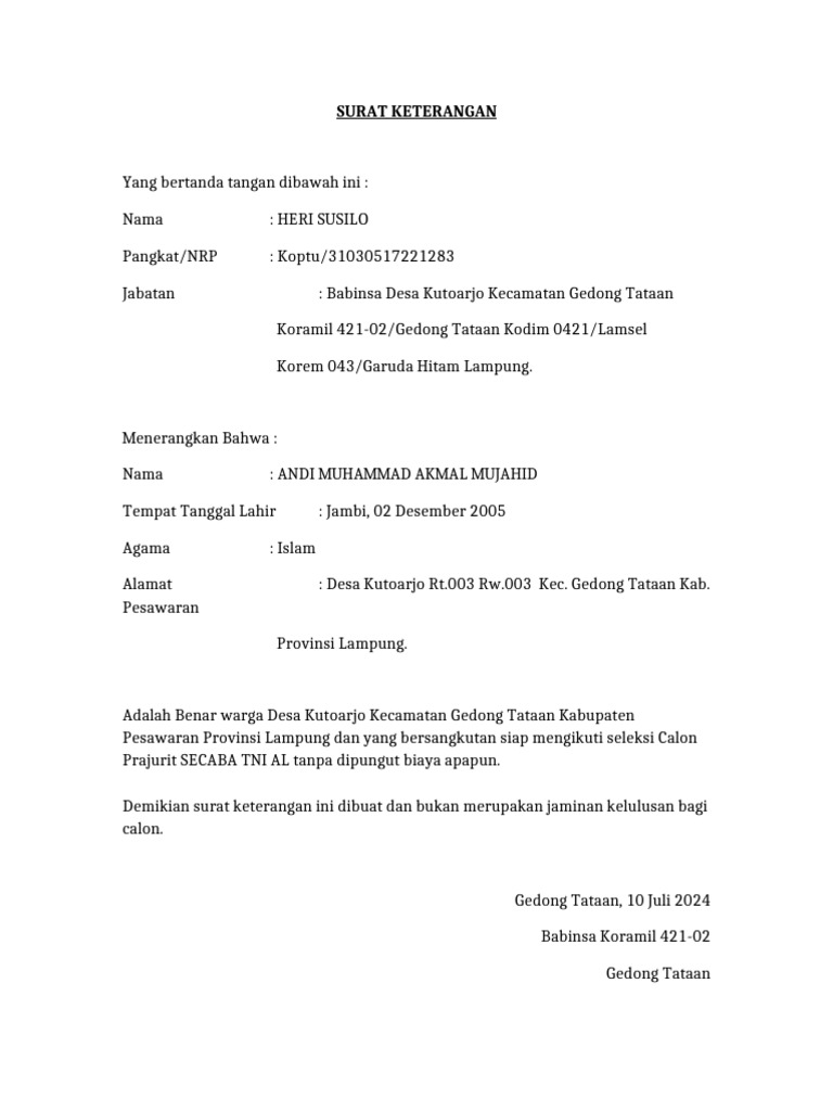 Surat Keterangan Seleksi SECABA TNI AL | PDF